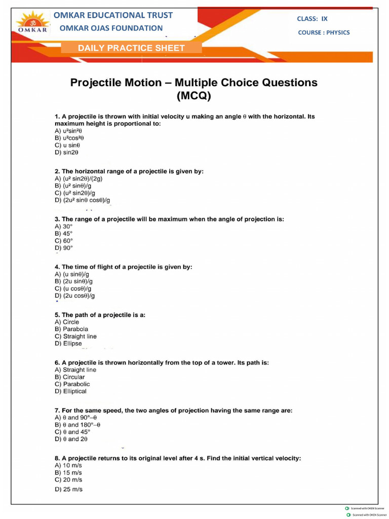 Projectile - Motion - DPP For 9 TH Class | PDF