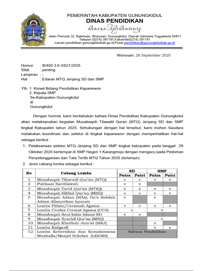 Edaran MTQ SD SMP Gunungkidul 2025 | PDF