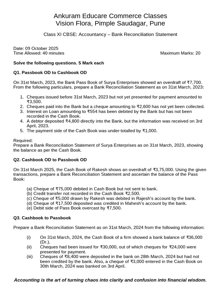 CBSE 11th Accounts Paper 09 Oct 2025 BRS | PDF | Cheque | Banks