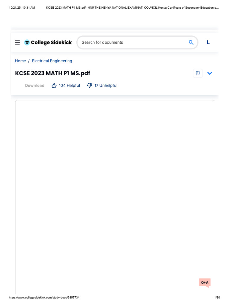 KCSE 2023 Mathematics Paper 1 MS | PDF | Science