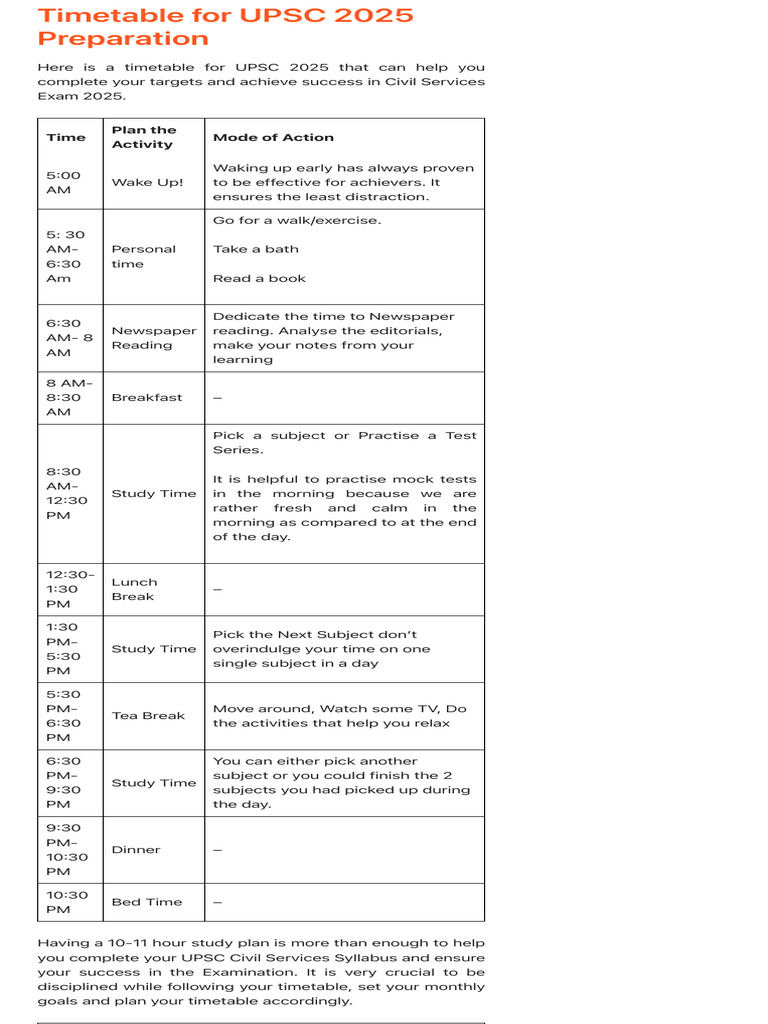 UPSC 2025 Preparation Timetable | PDF