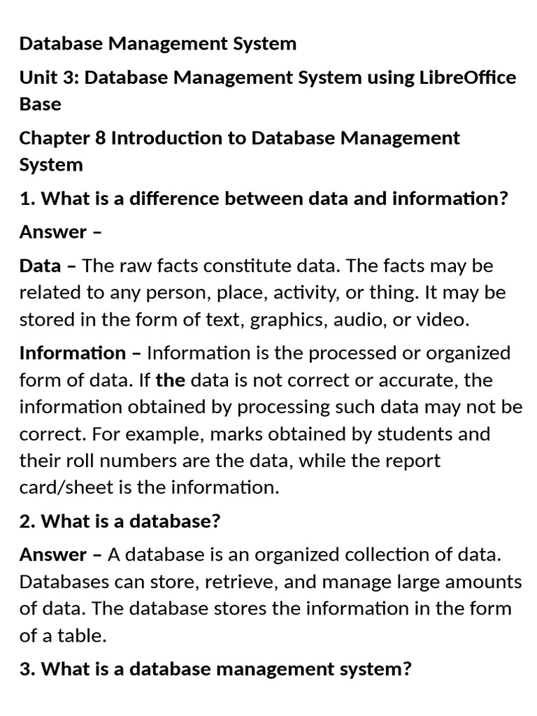 Database Management System Class 10 Questions and Answers | PDF | Relational Database | Databases