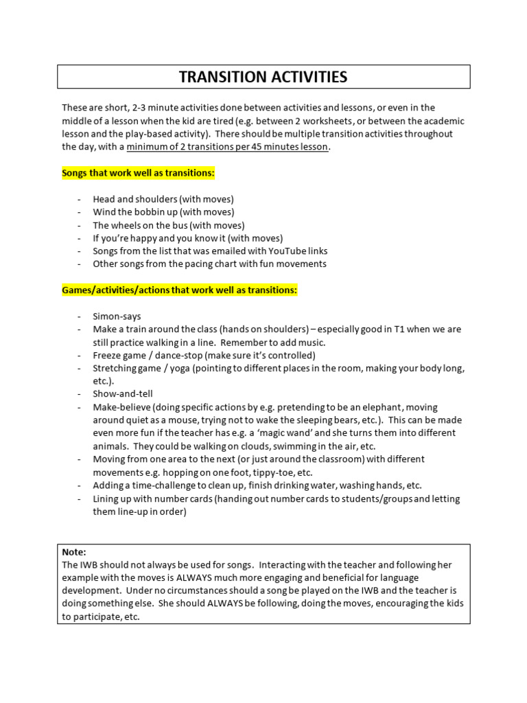 Engaging Transition Activities for Kids | PDF
