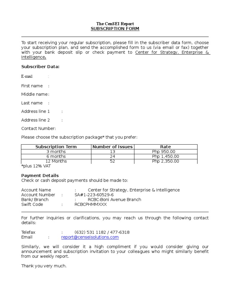 TCR Subscription Form | PDF