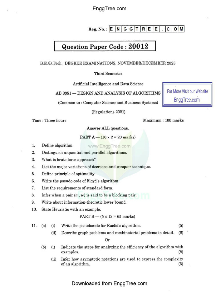 AD3351 Design and Analysis of Algorithms Nov Dec 2023 Question Paper ...