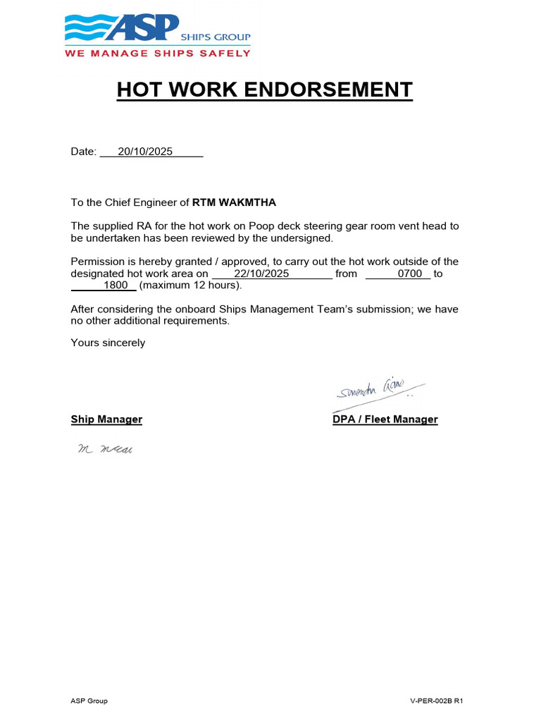 Hot Work Endorsement Approval Notice | PDF