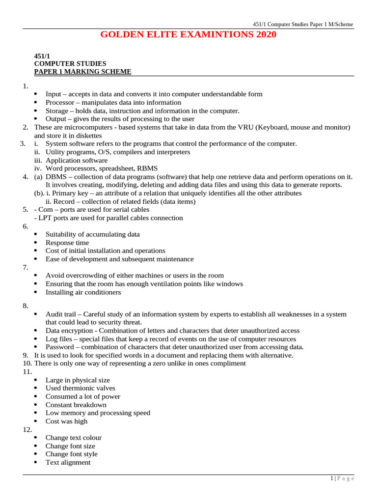 Computer Studies Paper 1 Marking Scheme | PDF | Computer File ...