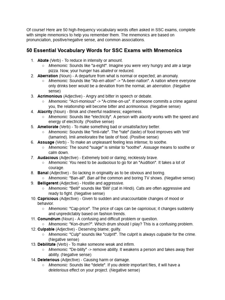 Write 50 Best Vocabulary That Asks in SSC Exams An... | PDF | Adjective ...