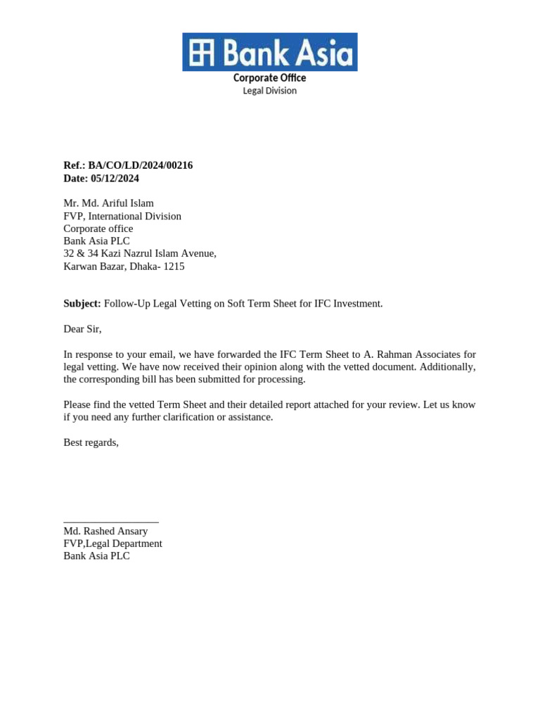 Legal Vetting Update for IFC Term Sheet | PDF
