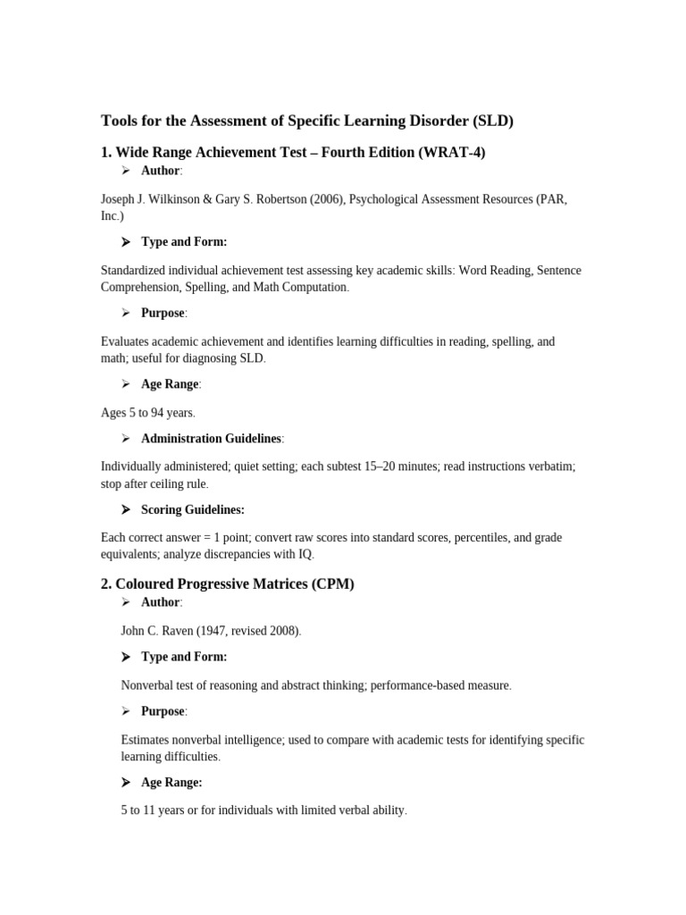 SLD Assessment Tools Overview | PDF | Learning Disability | Educational Assessment