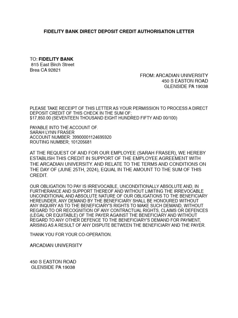 Fidelity Bank Direct Deposit Authorization | PDF
