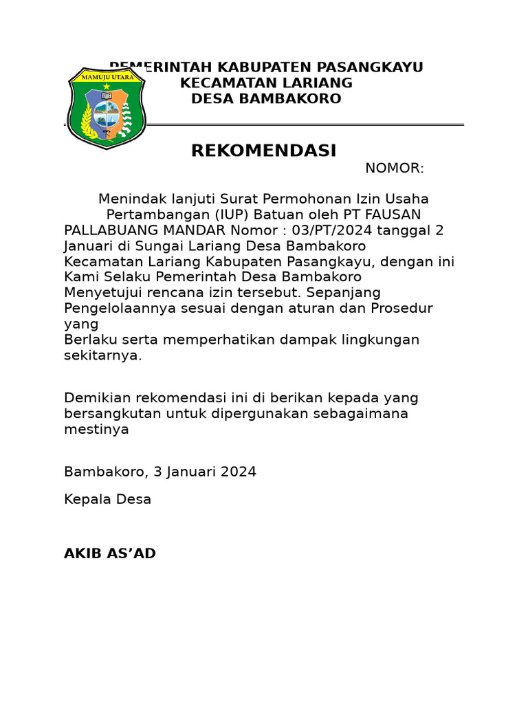 Rekomendasi IUP PT Fausan di Bambakoro | PDF