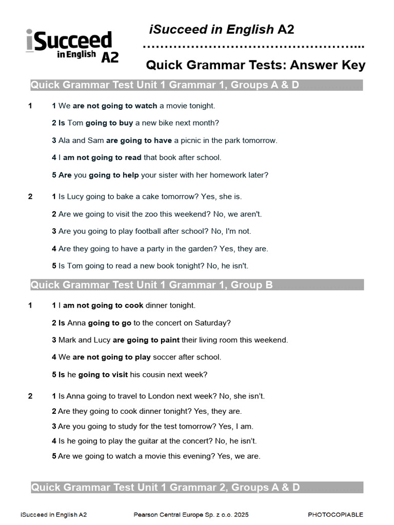 Quick Grammar Test Answer Key A2 | PDF