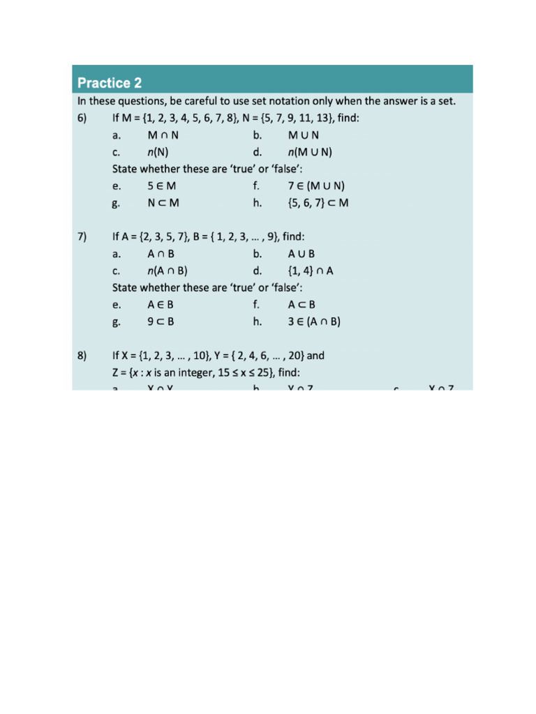 Worksheet On Sets | PDF