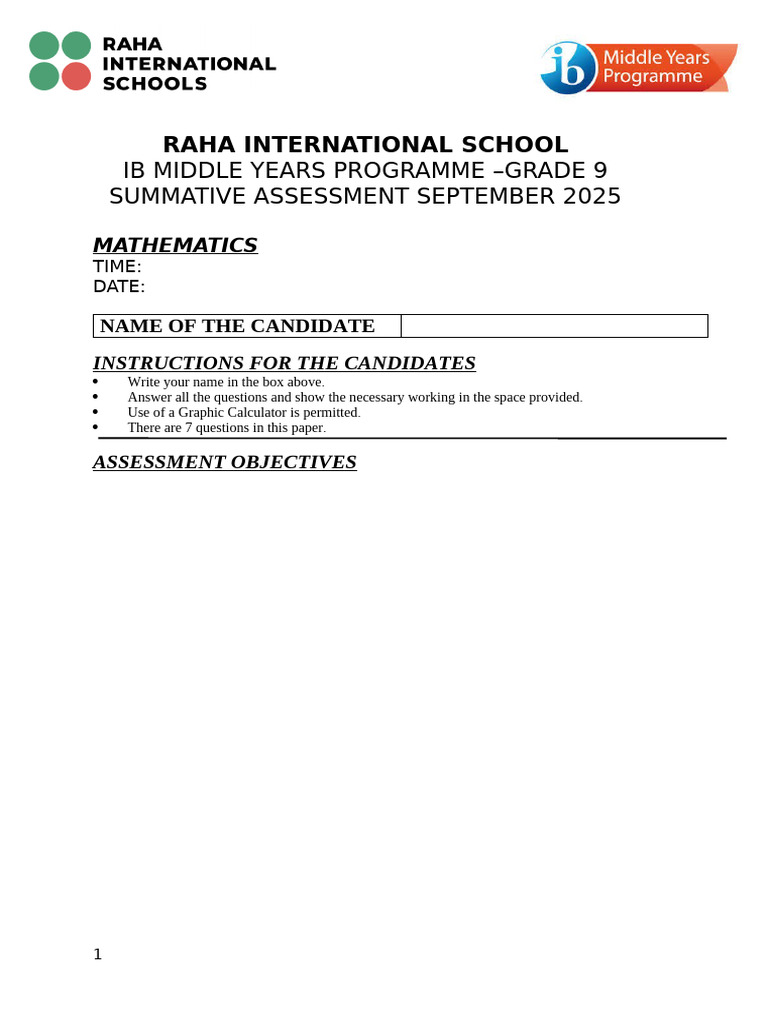 MYP - 4 (Grade 9) Summative Assessment | PDF