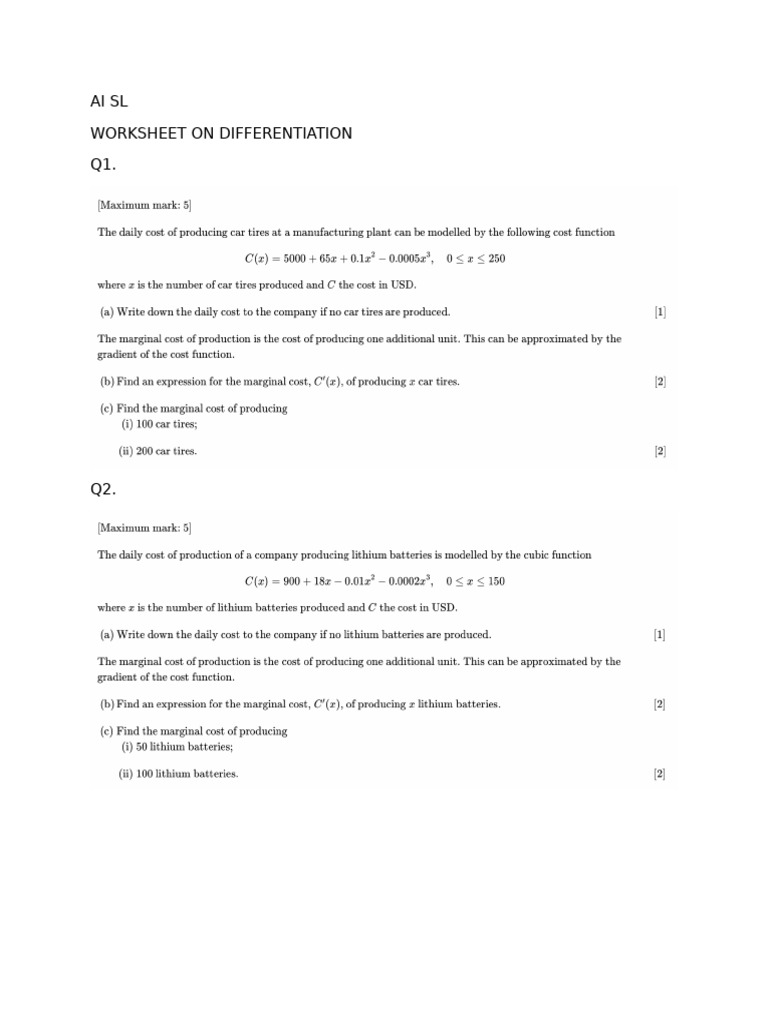 AI SL Worksheet On Differentiation | PDF