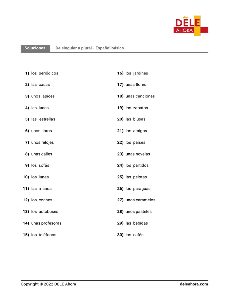 De Singular A Plural Espanol Basico Soluciones | PDF
