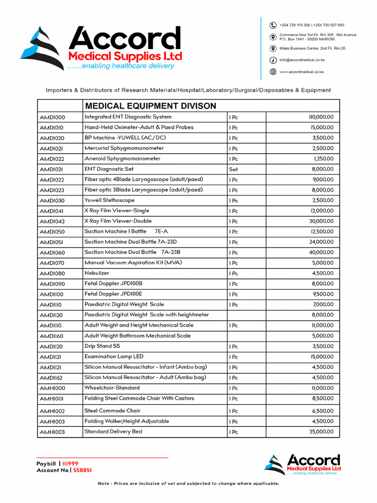 Accord Medical Equipment Price List 2023 | PDF