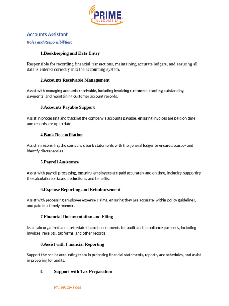 Accounts Assistant Job Description | PDF | Accounts Payable | Bookkeeping