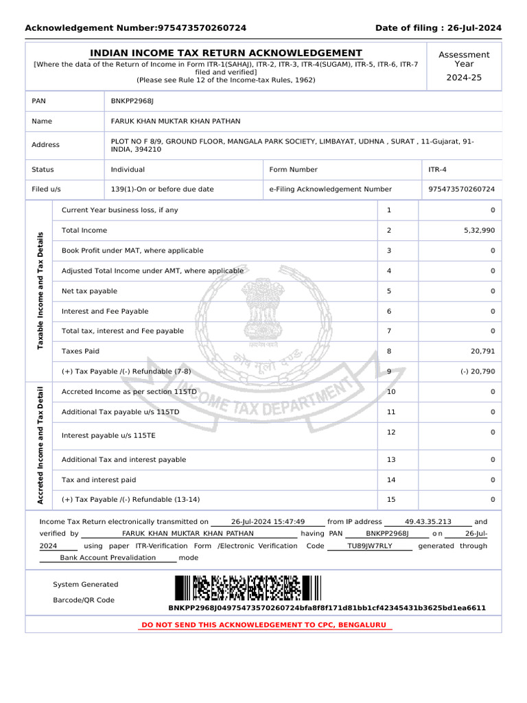 Faruk M Pathan Ay 2024-25 | PDF | Taxes | Tax Refund