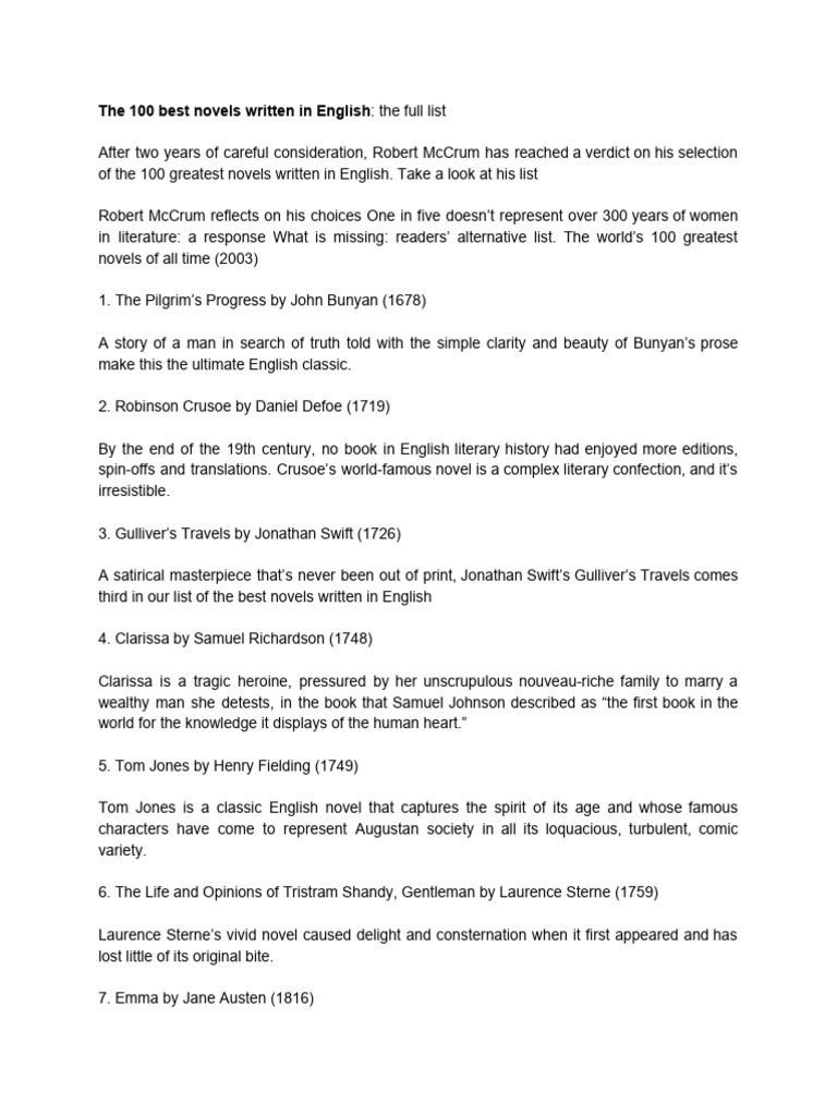 Top 100 English Novels List | PDF | Victorian Literature | Novels