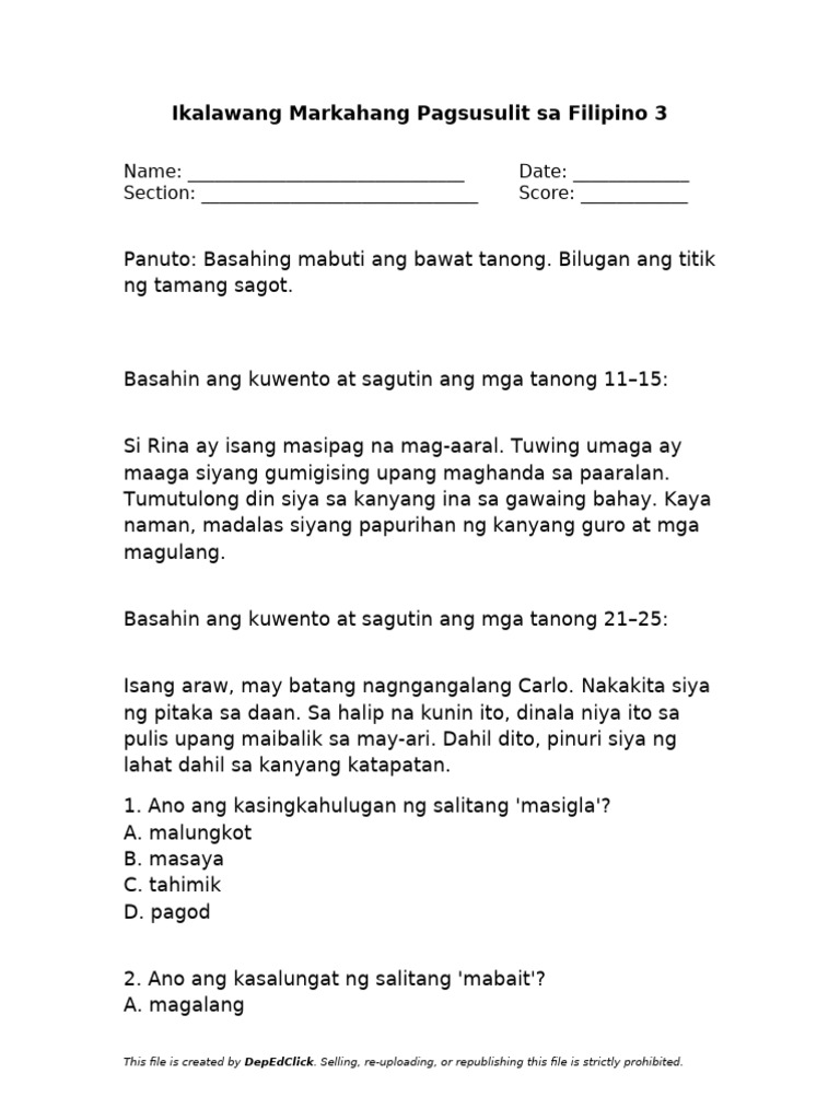 Filipino Grade 3 Periodical Test Q2 | PDF