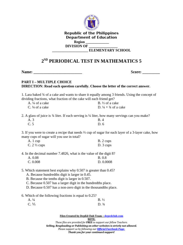 Dtc_pt_q2 Mathematics 5 Matatag With Tos Key | PDF | Numbers | Arithmetic