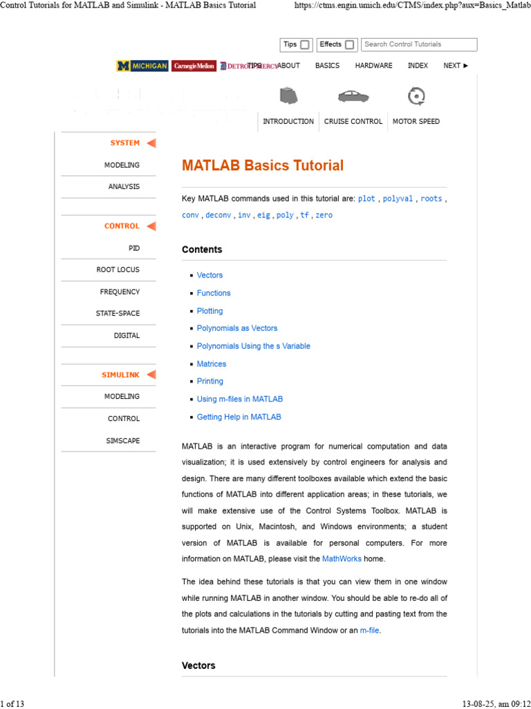 Control Tutorials for MATLAB and Simulink - MATLAB Basics Tutorial | PDF | Matlab | Matrix ...