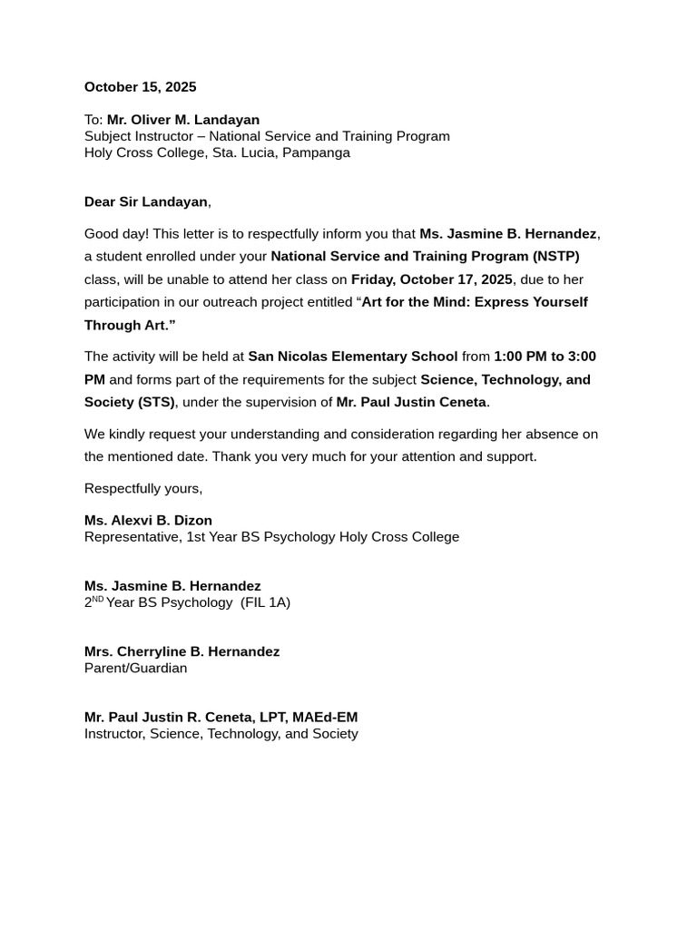 Excuse Letter Ni Jass | PDF