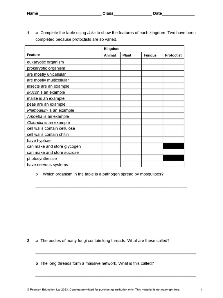 IG - Biology - Lesson 1 Worksheet | PDF | Fungus | Cell (Biology)