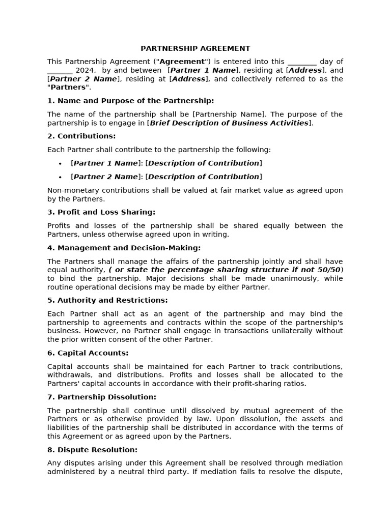 Partnership Agreement Template 2024 | PDF | Partnership | Mediation