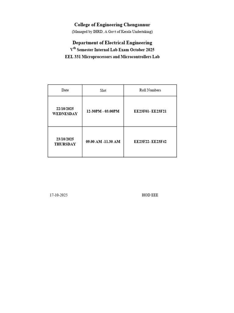 EEL 331 Lab Exam Schedule 2025 | PDF