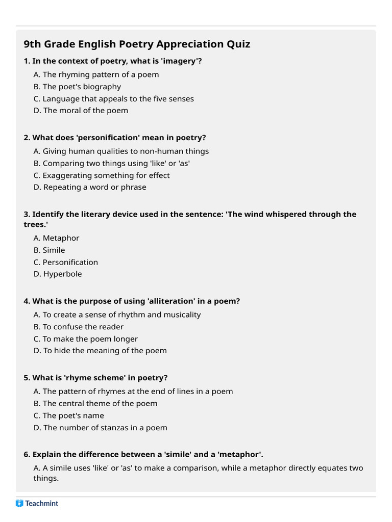 9th Grade English Poetry Appreciation Quiz | PDF