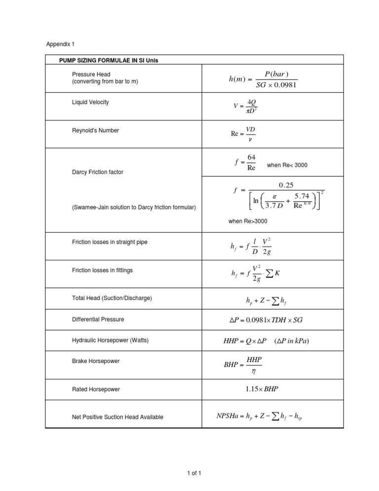 Pump Sizing Equations in SI Units | PDF | Horsepower | Liquids