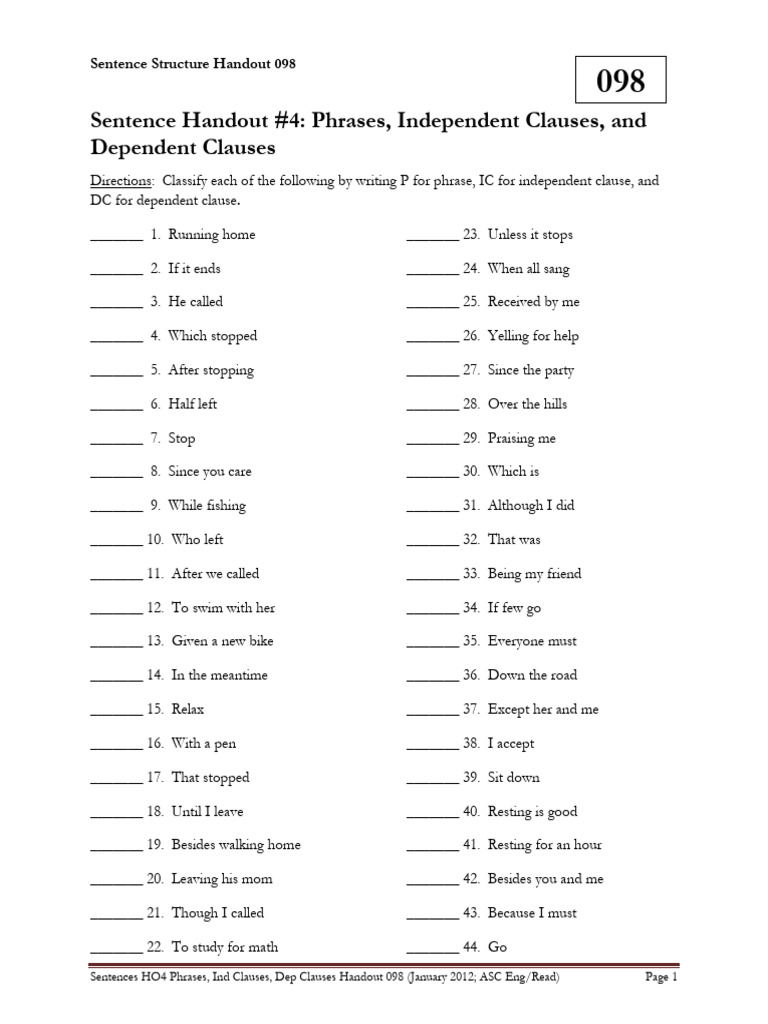 098 Sentence Ho4 Phrases Ind Clause Dep Clause | PDF
