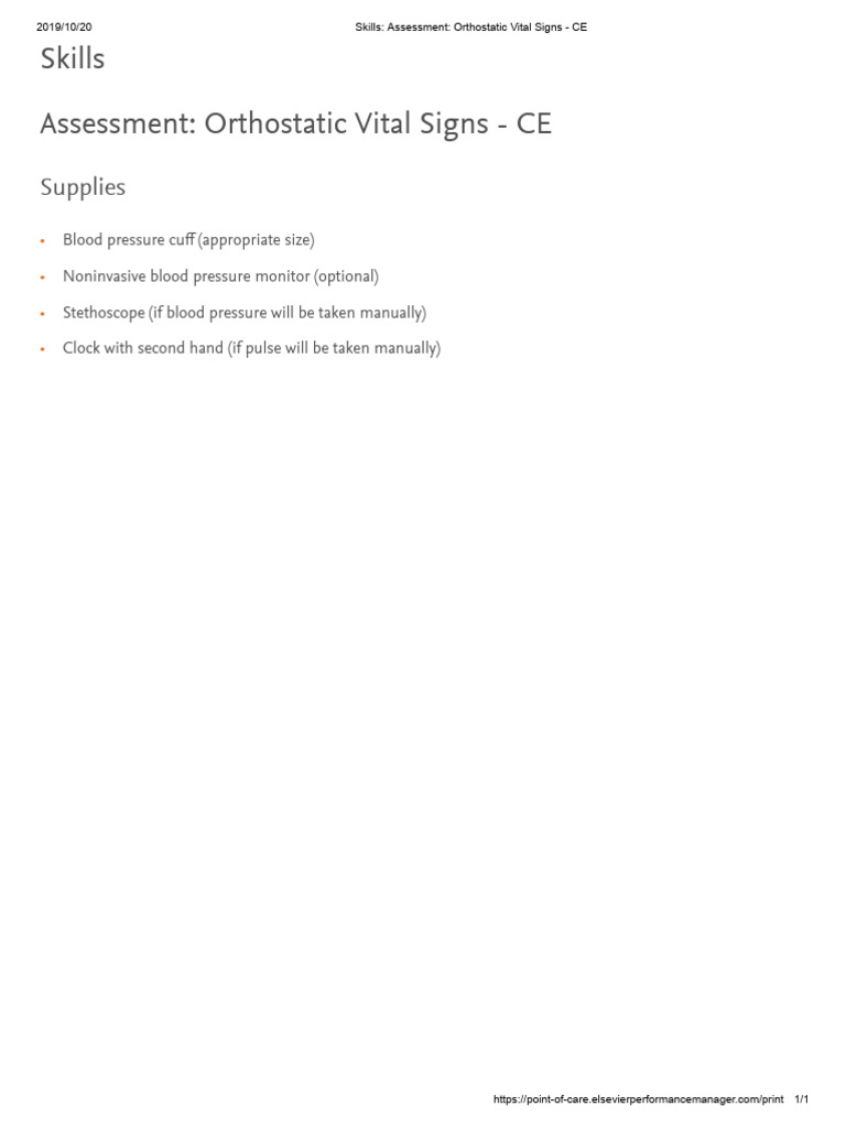 Skills - Assessment - Orthostatic Vital Signs - Supplies | PDF