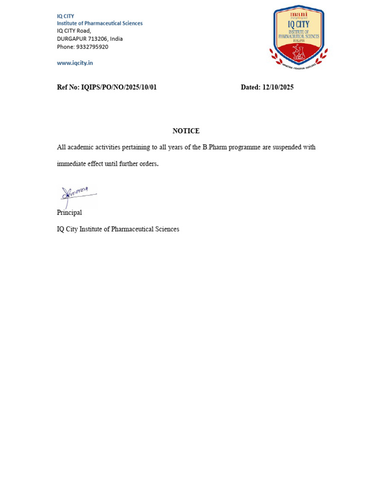 B.Pharm Program Suspension Notice | PDF