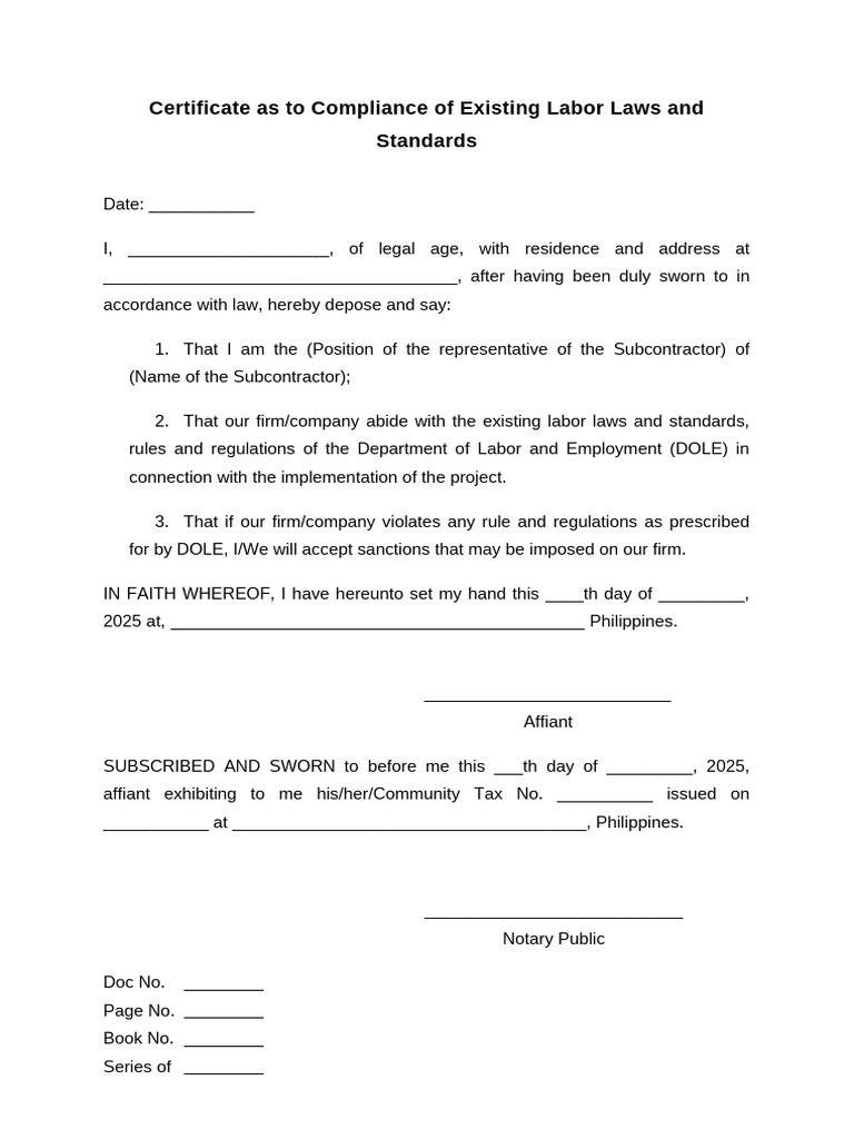 Labor Law Compliance Certificate Template | PDF