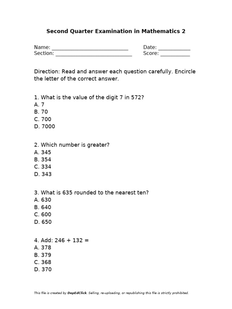 Math 2 Second Quarter Exam Questions | PDF