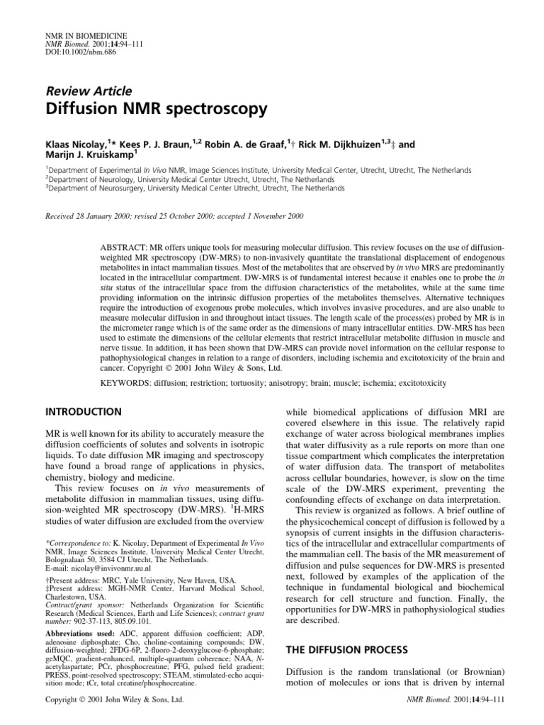 Nicolay Et Al. - 2001 - Diffusion NMR Spectros | PDF | Diffusion | Applied And Interdisciplinary ...