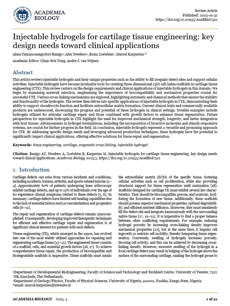 Injectable Hydrogels in Cartilage Engineering | PDF | Tissue ...