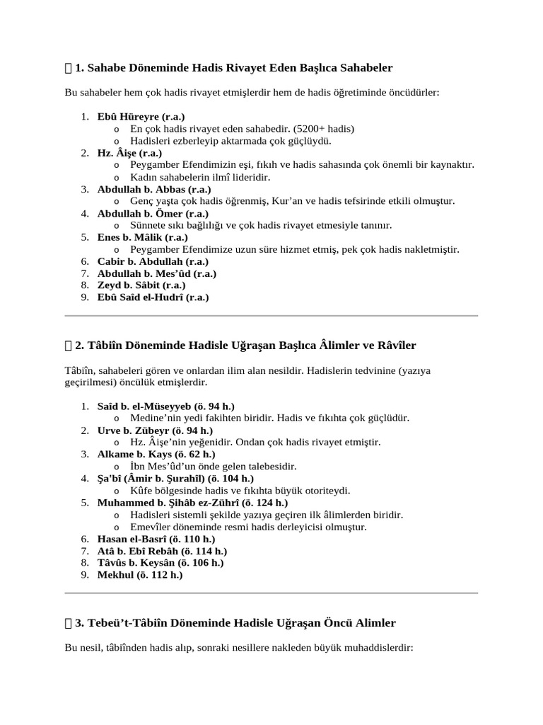 Sahabe Döneminde Hadis Rivayet Eden Başlıca Sahabeler: o o o o o o o | PDF