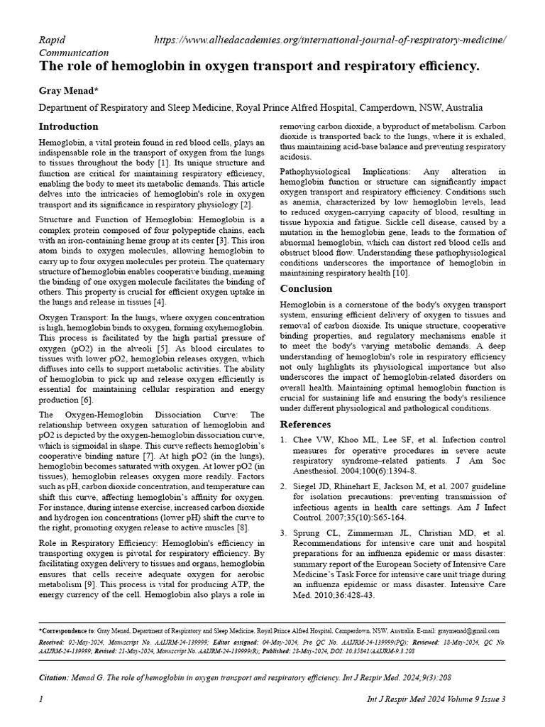 The Role of Hemoglobin in Oxygen Transport and Respiratory Efficiency ...