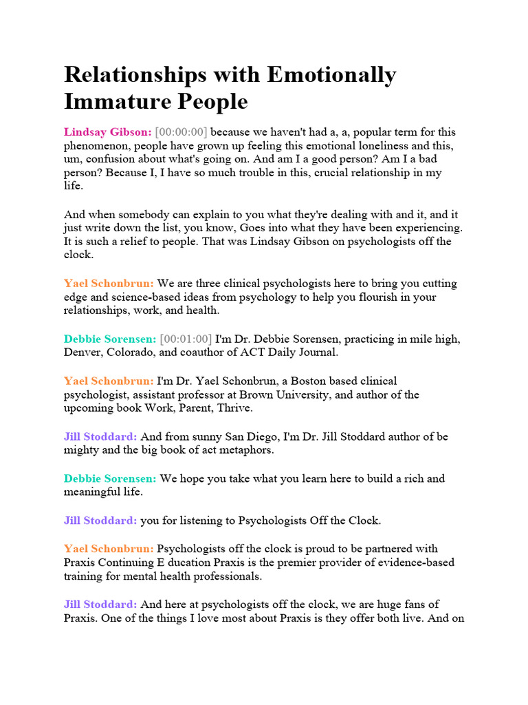 Relationships With Emotionally Immature People Transcript | PDF ...