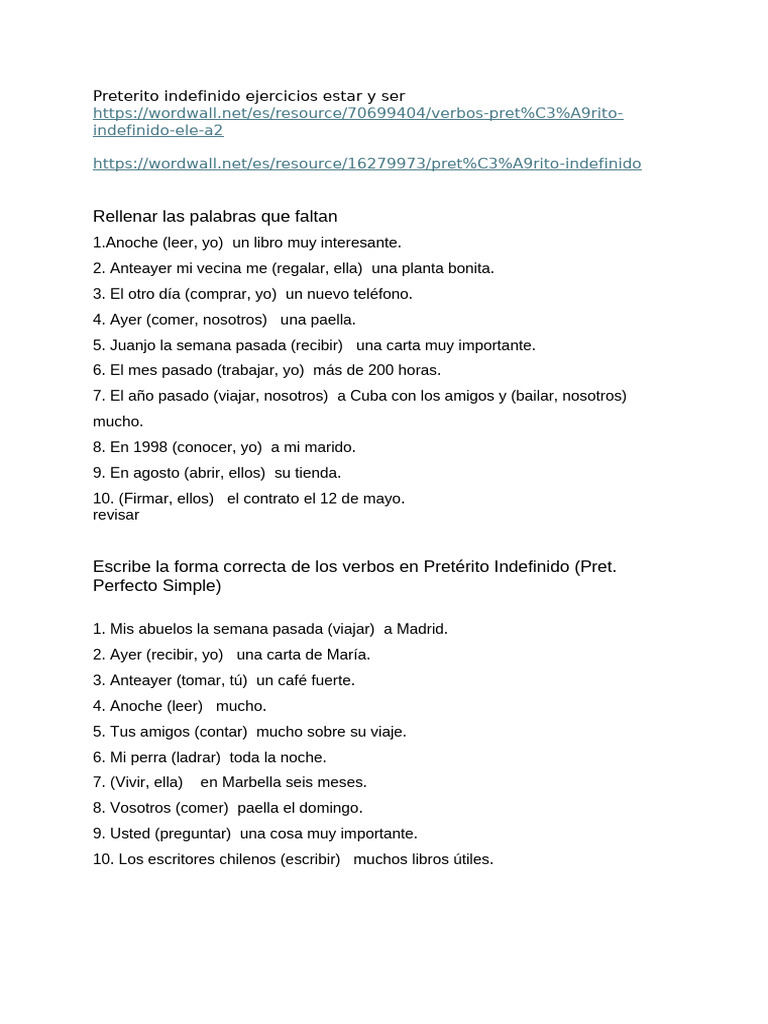 Ejercicios de Pretérito Indefinido | PDF