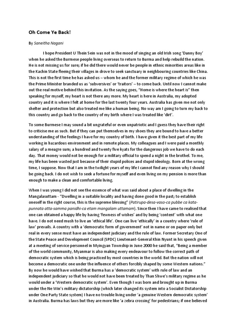 Oh Come Ye Back | PDF | Myanmar | Government