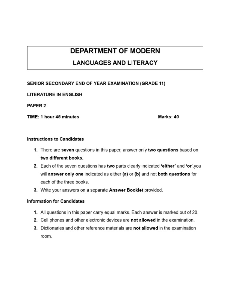 Grade 11 Literature Exam Paper 2 | PDF