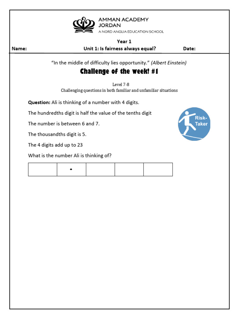 Year 1 Math Challenge: 4-Digit Puzzle | PDF