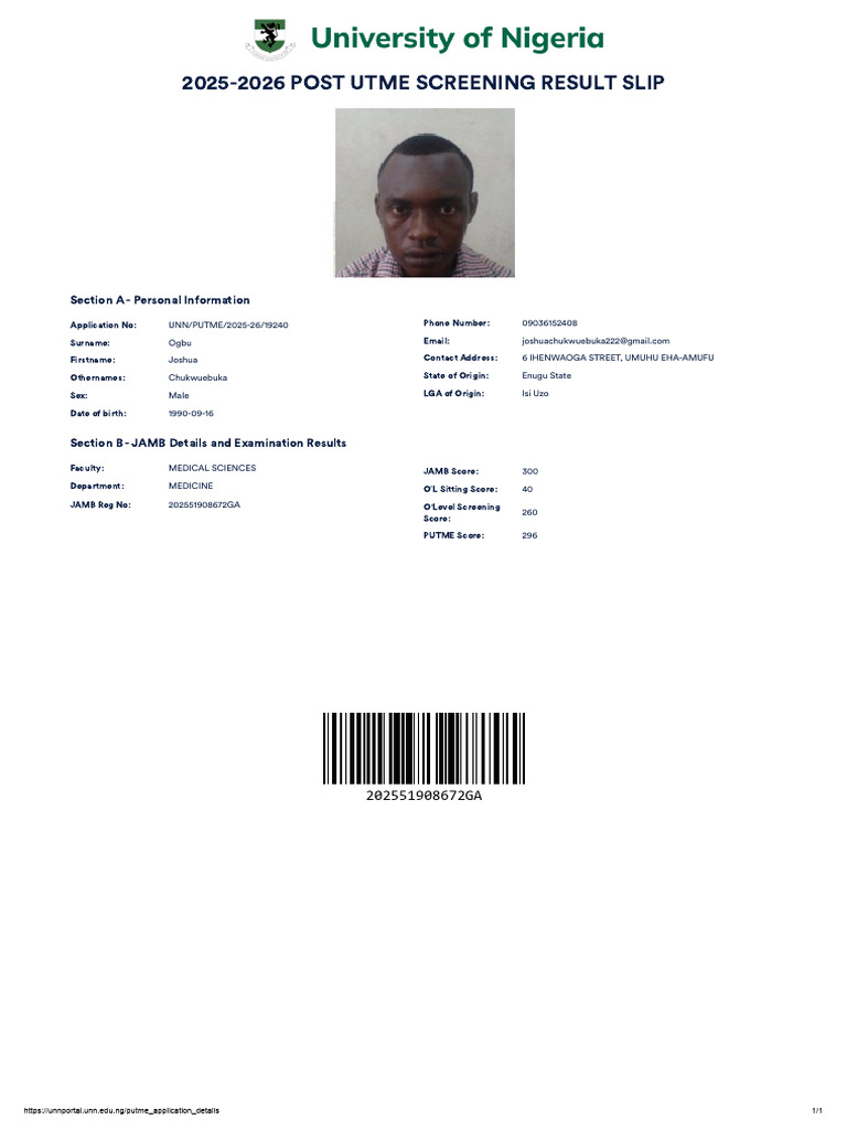 Unn Post Utme Result Slip | PDF