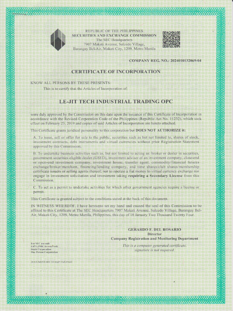 Registration Certificate With Securities and Exchange Commission | PDF